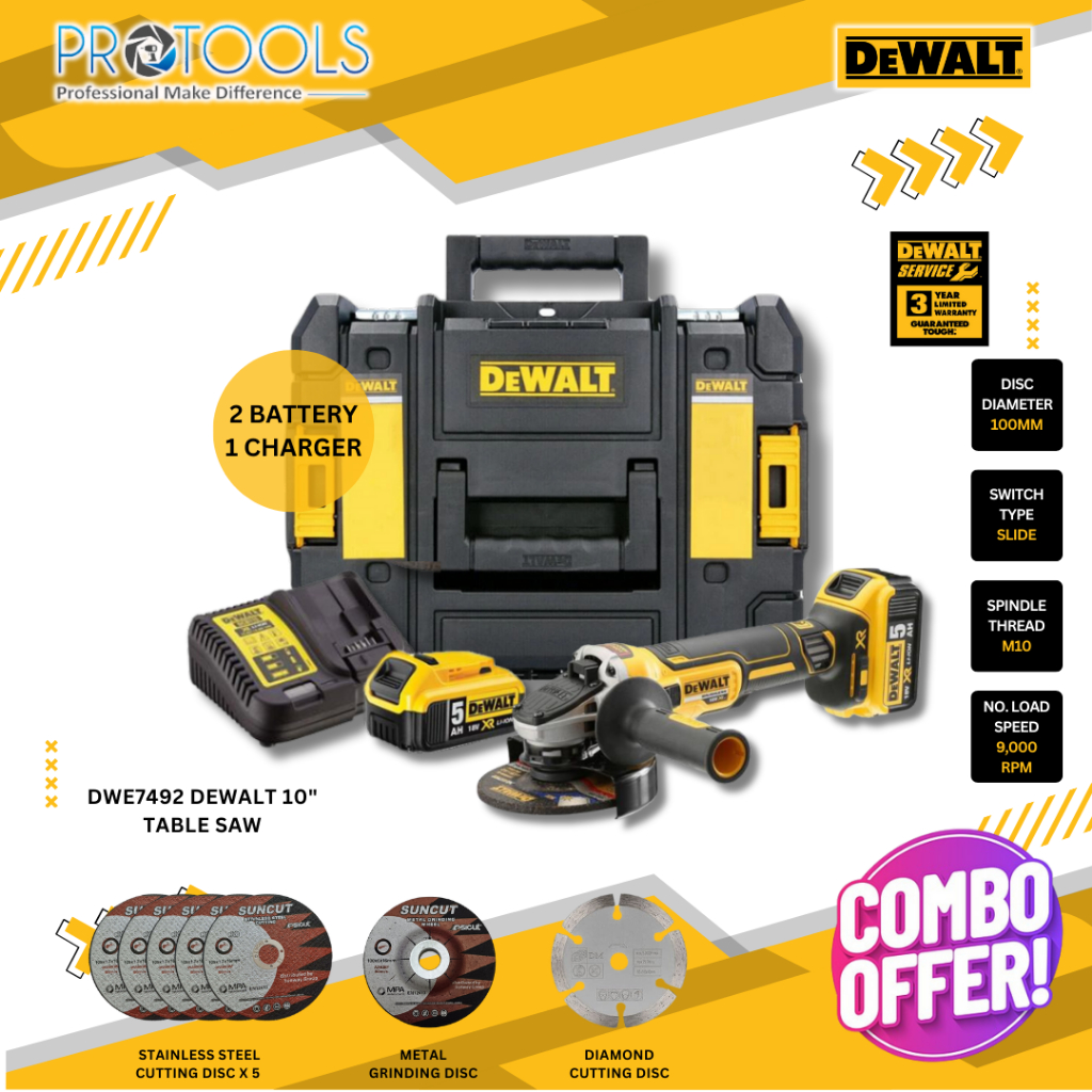 DEWALT DCG405P2 CORDLESS BRUSHLESS SLIDE GRINDER 20V 4" M10 9000RPM COME WITH 2PCS BATTERY 20V 5 ...
