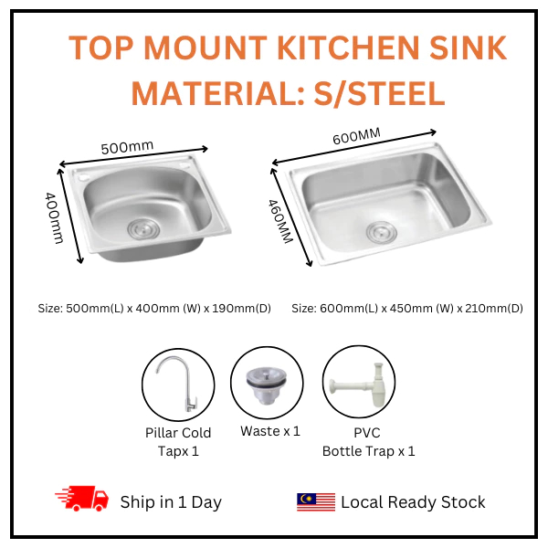 460mm 600mm Stainless Steel 0.8MM Thick Top Mount Kitchen Sink Bowl ...