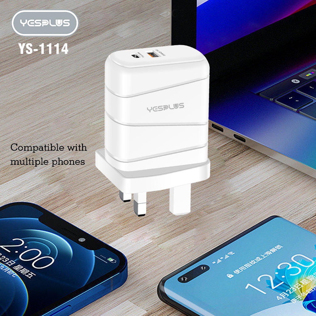YESPLUS YS-1114 Fast Charger 20W PD + QC3.0 Dual Port Fast Quick ...