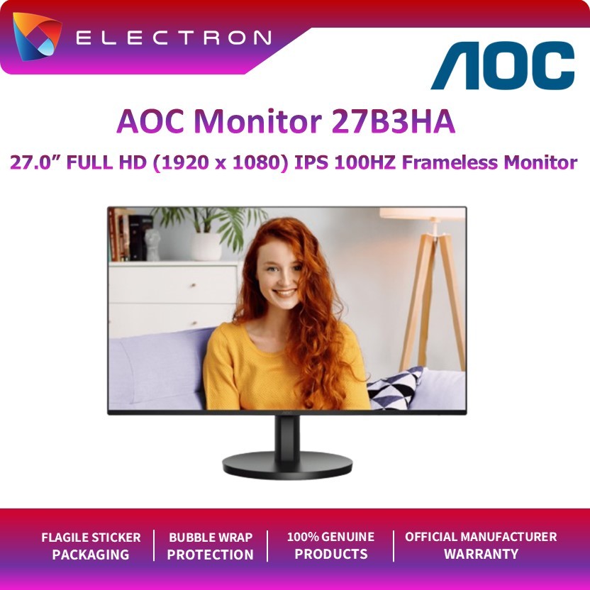 AOC 27B3HA2 27" FHD Frameless Slim Monitor ( HDMI, VGA, 3 Yrs Warranty ...