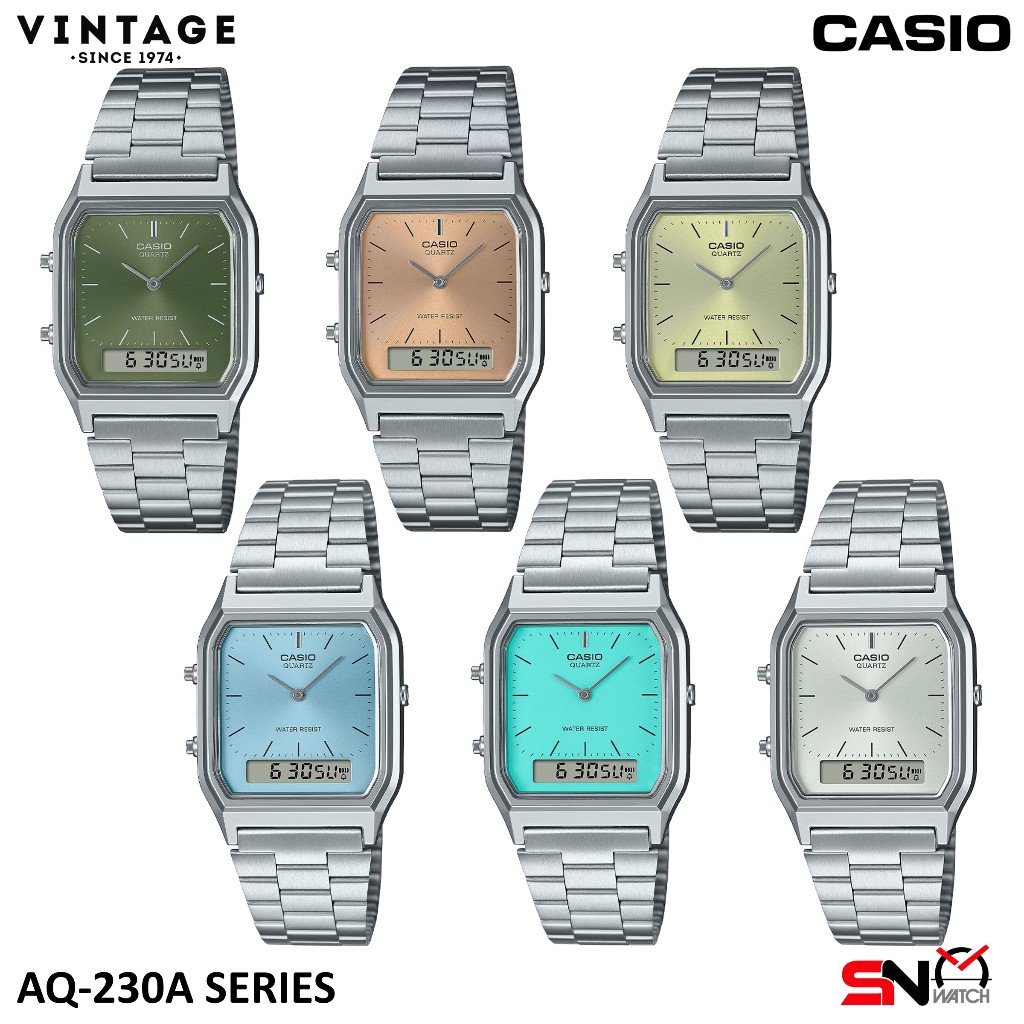 Casio Vintage AQ-230A Square Face AnaDigit Silver Stainless Steel Band ...