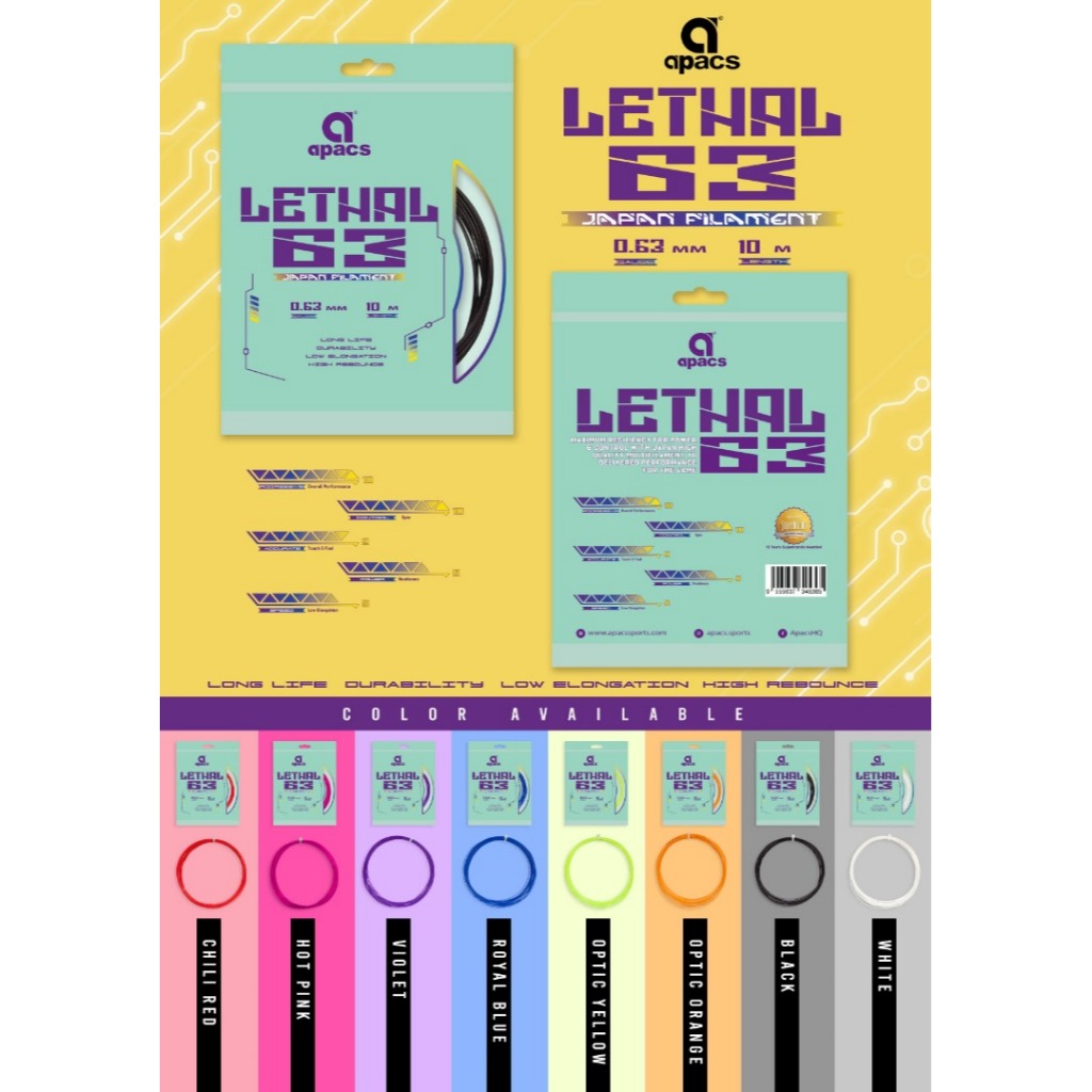 APACS BADMINTON RACKET STRING LETHAL 63 (0.63MM) (MADE IN TAIWAN ...