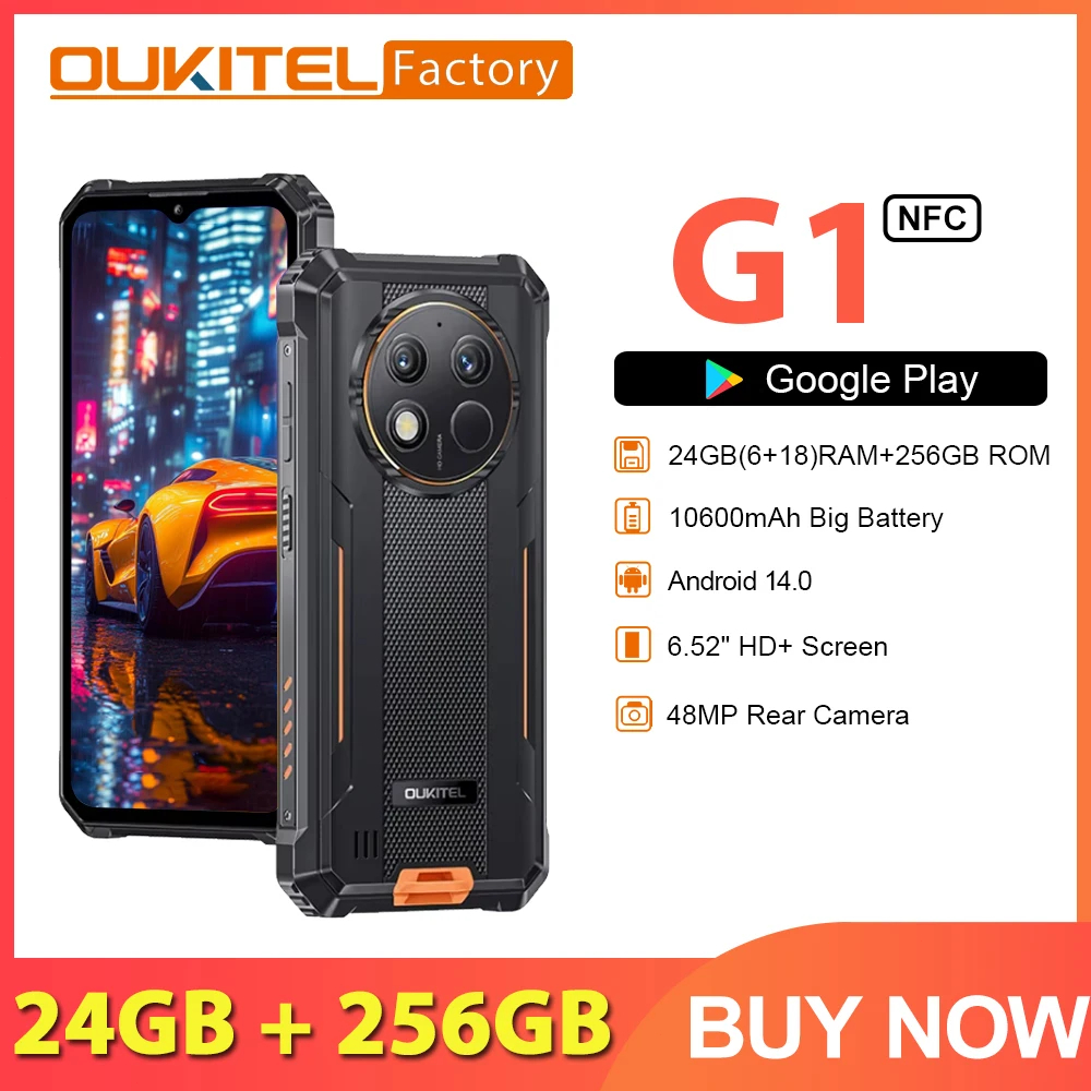Oukitel G1 Rugged smartphone Android 6.52‘' 10600mAh 24GB+256GB rugged ...