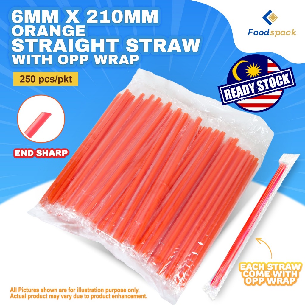 (250PCS) 6mm x 210mm Orange Straight Straw With Opp Wrap - End Sharp ...