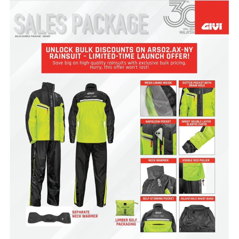 100% ORIGINAL - GIVI ARS02 ACQUARRIDE RAIN SUIT RAIN COAT BLACK / YELLOW (PRODUCT DEC 2024 ...