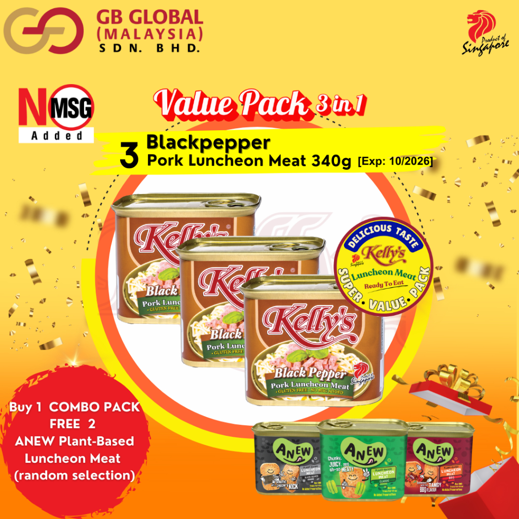 [COMBO PACK] Kelly's Blackpepper Pork Luncheon Meat [340g x 3 cans]【FREE】2 x ANEW Plant-Based ...