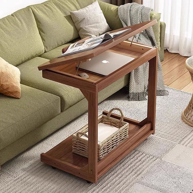 Household living room movable tea table belt wheel flip solid wood edge ...