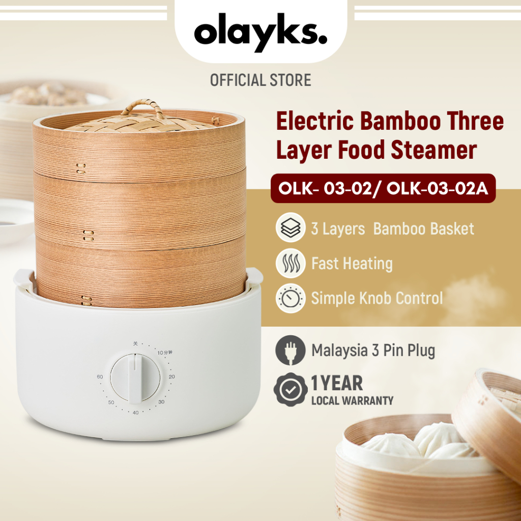 Olayks Electric Food Steamer 3 Layers Natural Bamboo Steamer Pau Dimsum ...