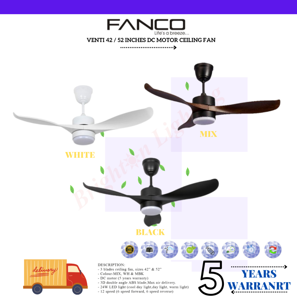 FANCO - VENTI 42 / 52 Inches DC MOTOR WITH 3 Color Light Remote Ceiling ...