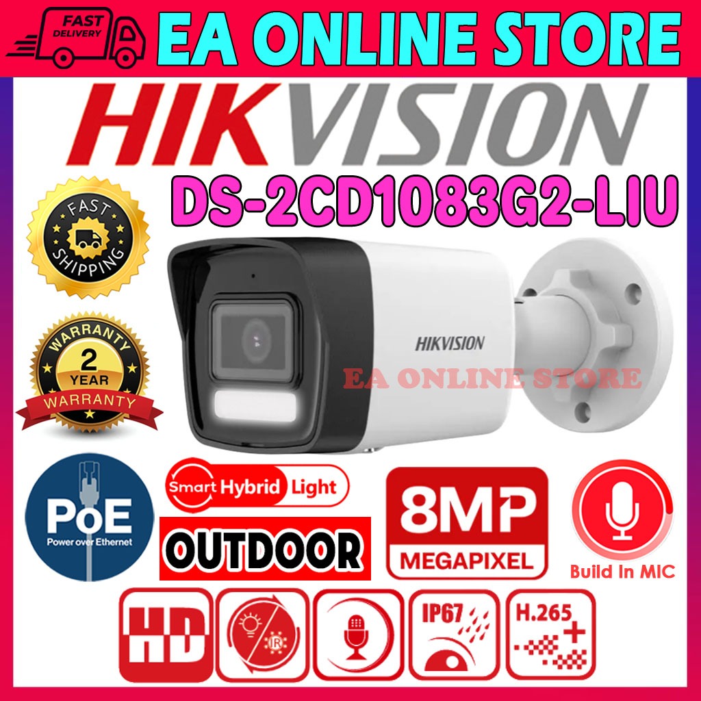 HIK HIKVISION DS-2CD1083G2-LIU 8.0MP POE + COLORVU + MIC / AUDIO Smart Hybrid Light 8MP 2160P IP ...