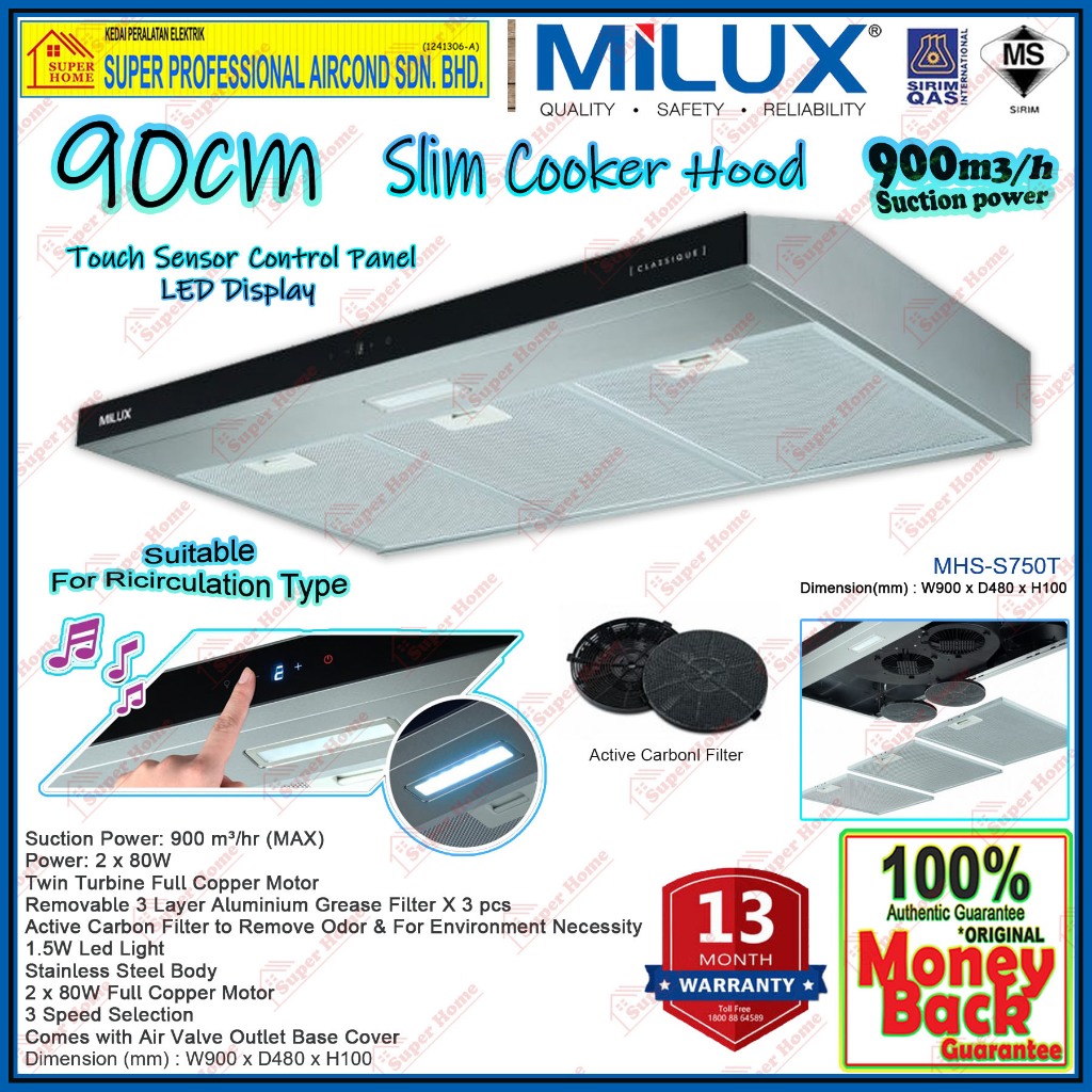 Milux Slim Hood MHS-S750T ((Touch Sensor Control Panel)) 90cm Stainless ...
