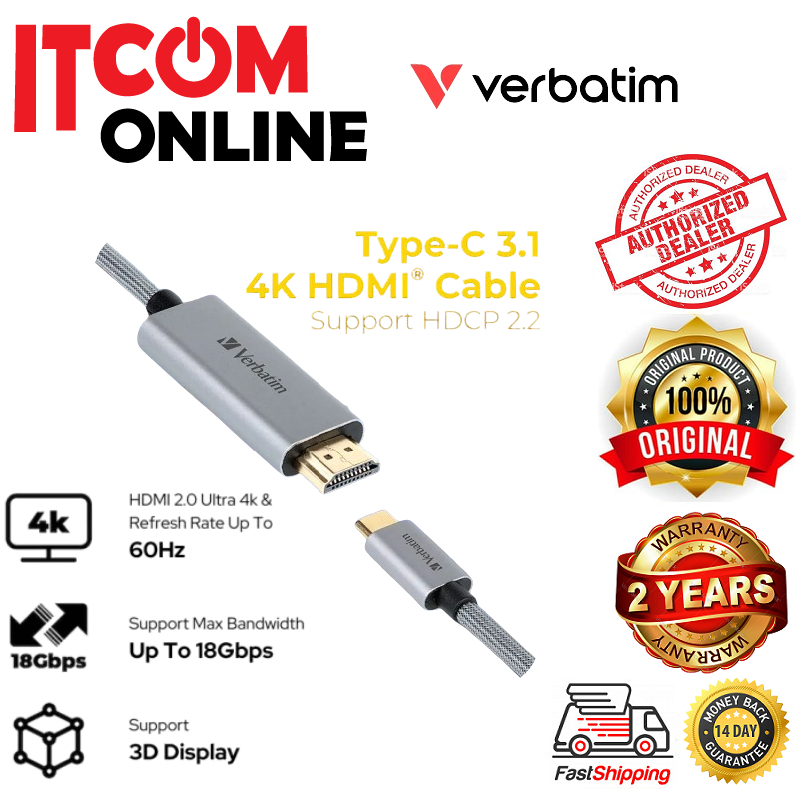 VERBATIM TYPE-C TO HDMI USB3.1 4K 2 METER CABLE (65709) | Shopee Malaysia
