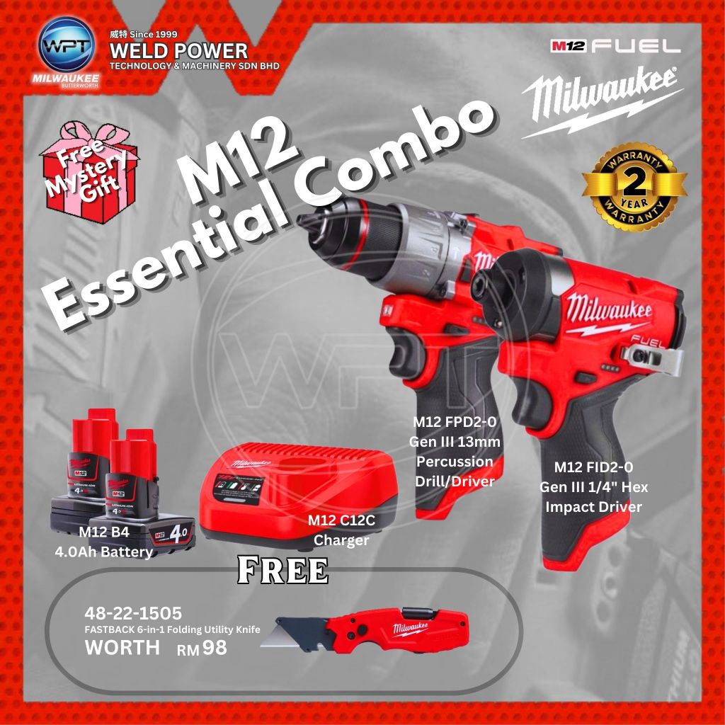 Milwaukee M12 Essential Combo (M12 FPD2-0, M12 FID2-0, C12C, M12 B4 ...