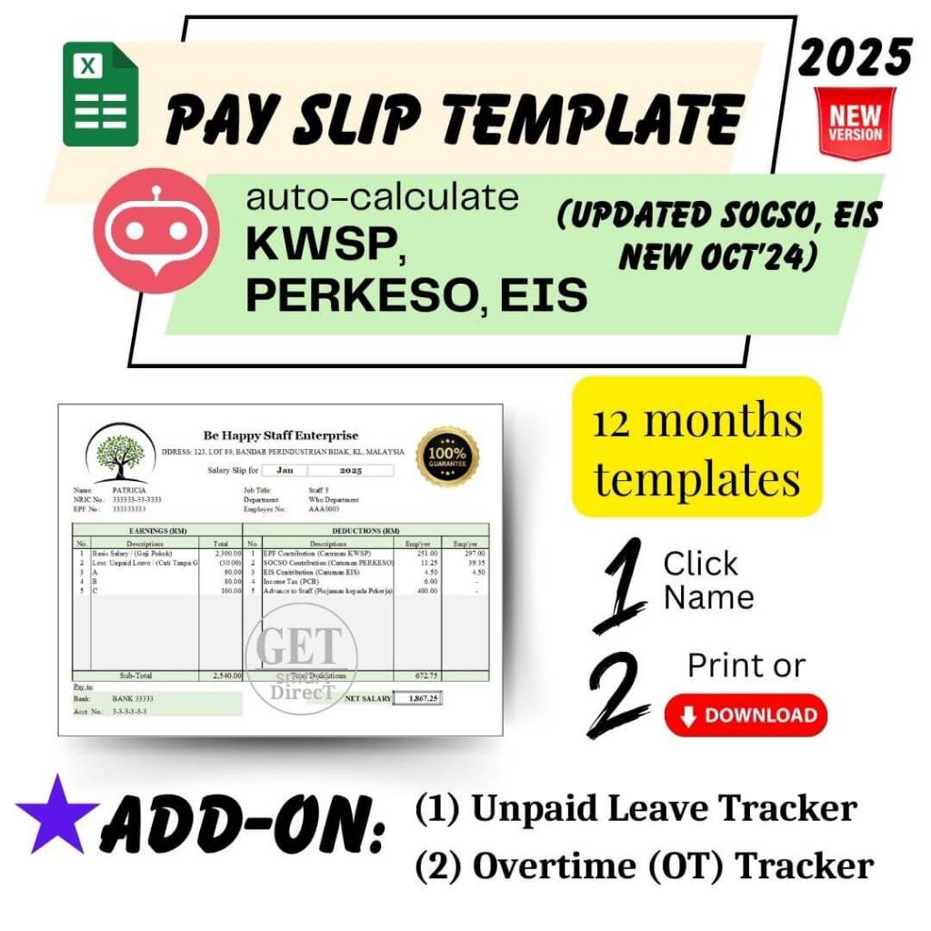 Payslip Template + Overtime + Unpaid Leave Trackers, Auto-fill EPF ...