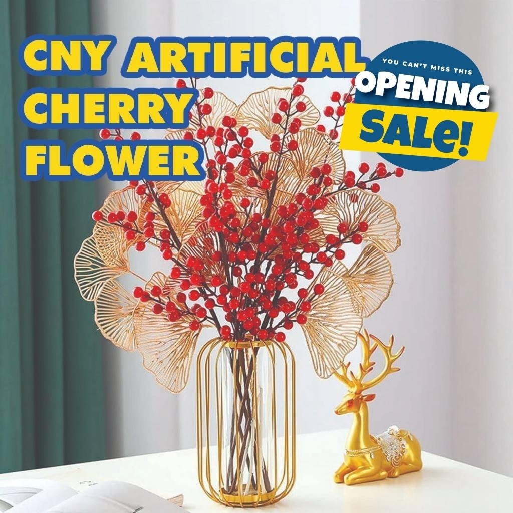 Kakideco Bunga Hiasan Buah Merah Daun Emas │CNY Artificial Cherry ...