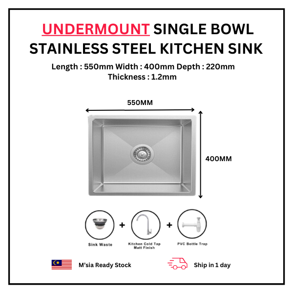 Full Set 550mm Stainless Steel 1.2mm Thick Undermount Kitchen Sink ...