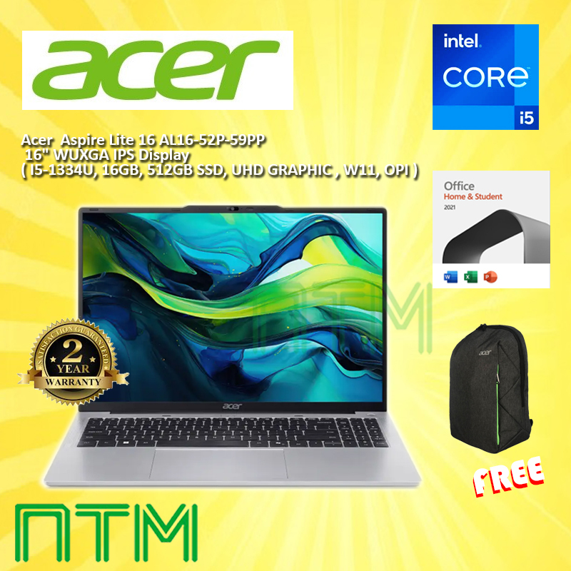 Acer Aspire Lite 16 AL16-52P-59PP 16" WUXGA Laptop Silver ( i5-1334u 16GB DDR5 512GB SSD 16 ...