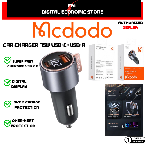 【1Yr Warranty】 MCDODO 75W Digital Display 1C+1A PD Fast Car Charger for Trucks and Car CC 3690 ...