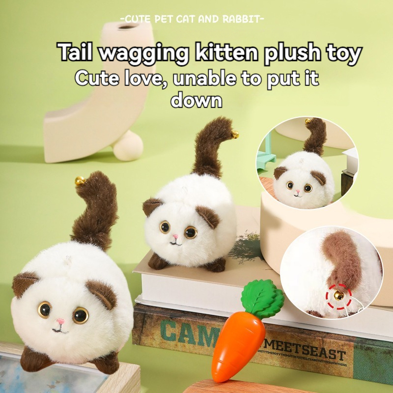 Interactive Wagging Tail Cat Plush Toy with Pull String Cute Keychain ...