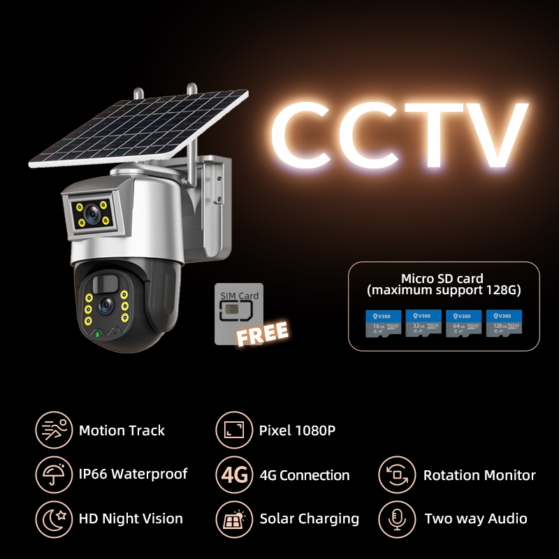 V380 Dual Lens 3MP CCTV Camera Solar Powered Waterproof Outdoor 360 ...