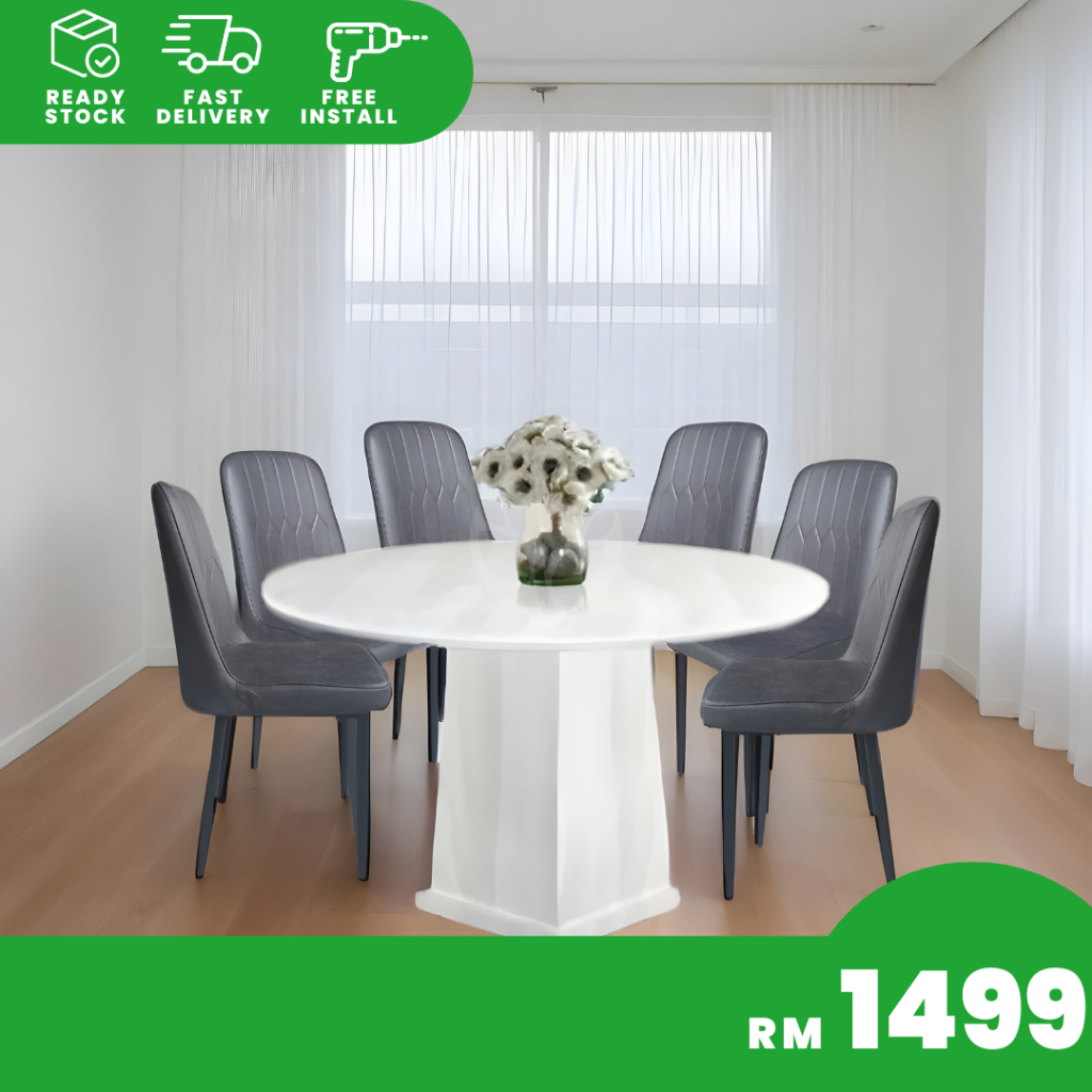 SMASIS PC002 / PC003 / PC100 Round Fully Marble Dining Table Set + 6 Chairs / Meja makan bulat ...
