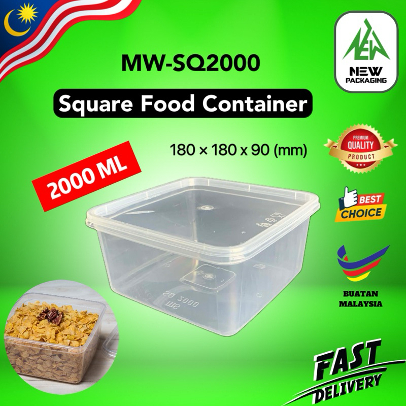 MW-SQ2000 Square Plastic Food Container with Lids 2000ML (5/25 Sets ...