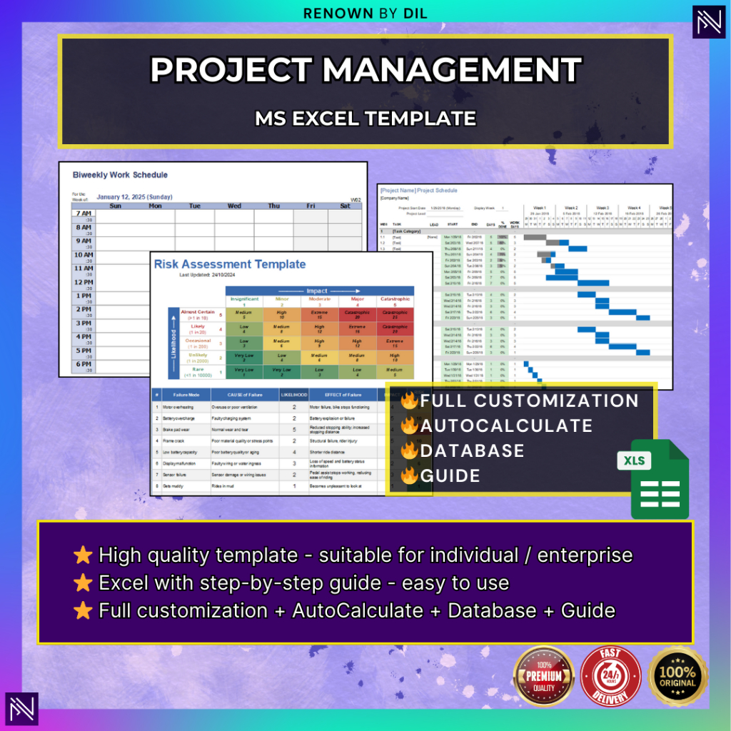 Project Management - Excel Template | Guide + Auto Calculate + Database ...