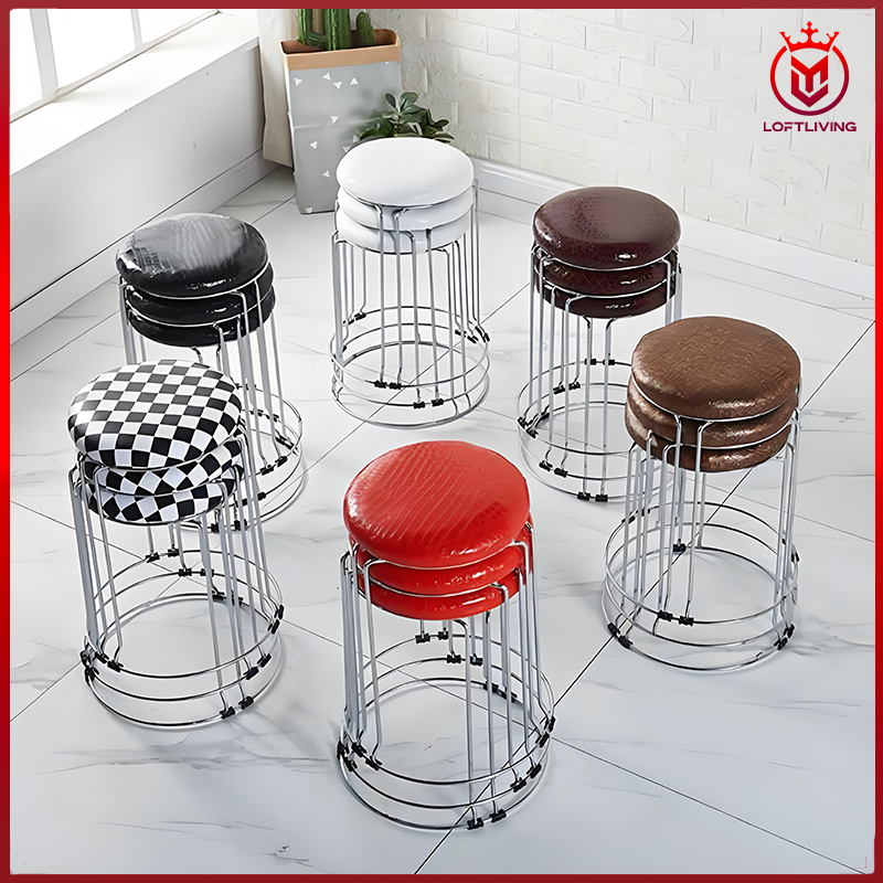 LOFT-6 Steel Columns Round Stool With Soft Leather Cushion Stackable ...