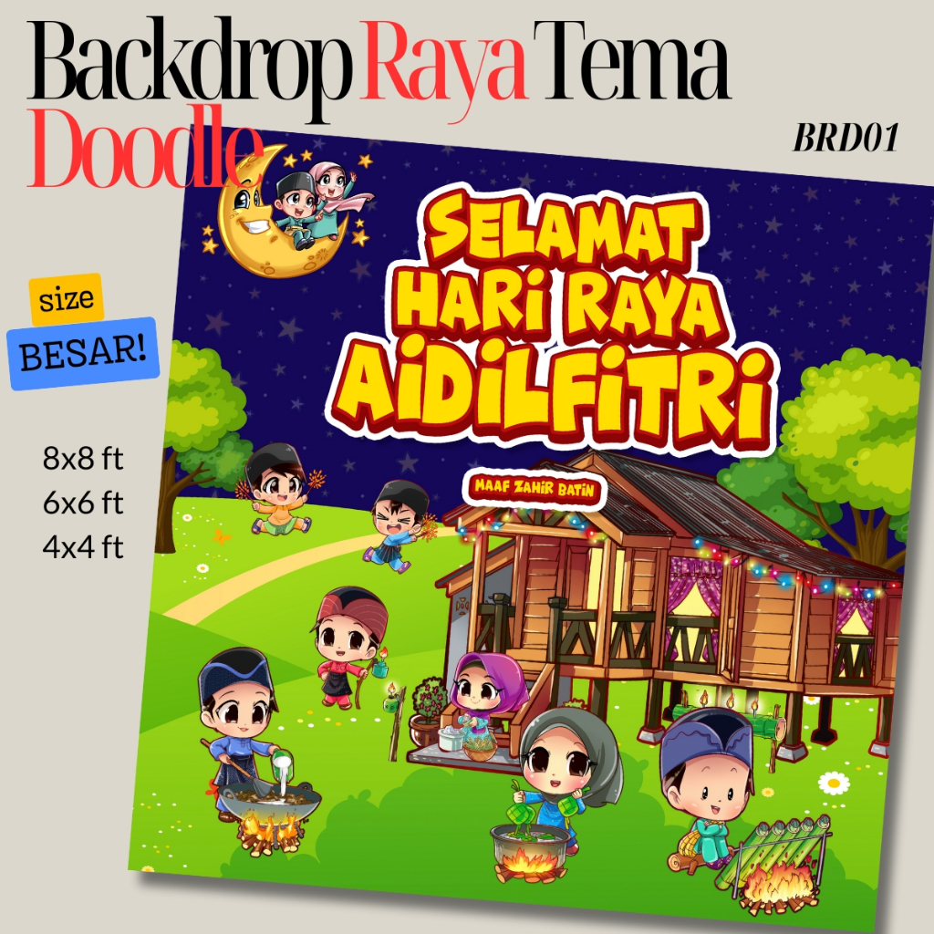 Backdrop RAYA DOODLE 3 Tema Kampung / Hiasan Rumah Terbuka Raya di ...