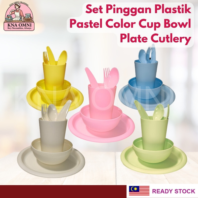 [KNA Omni] Set Pinggan Plastik Pastel Color Cup Bowl Plate Cutlery ...