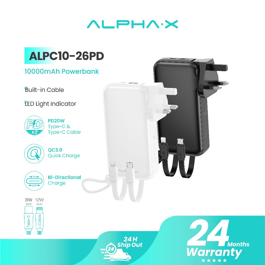 ALPHA·X ALPC10-26PD 10000mAh Powerbank Charger Dengan Dua Kabel Binaan ...