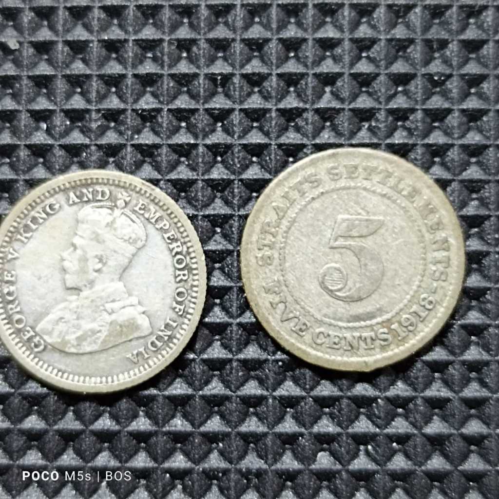 Straits Settlements King George V 5 cents old silver coin wang lama ...