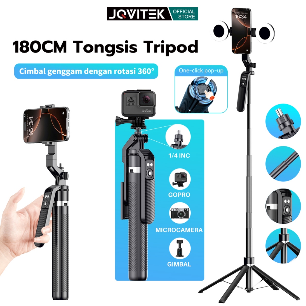 JQVITEK Tongsis Tripod dengan 1/4 Adapter 180cm Bluetooth Selfie Stick ...