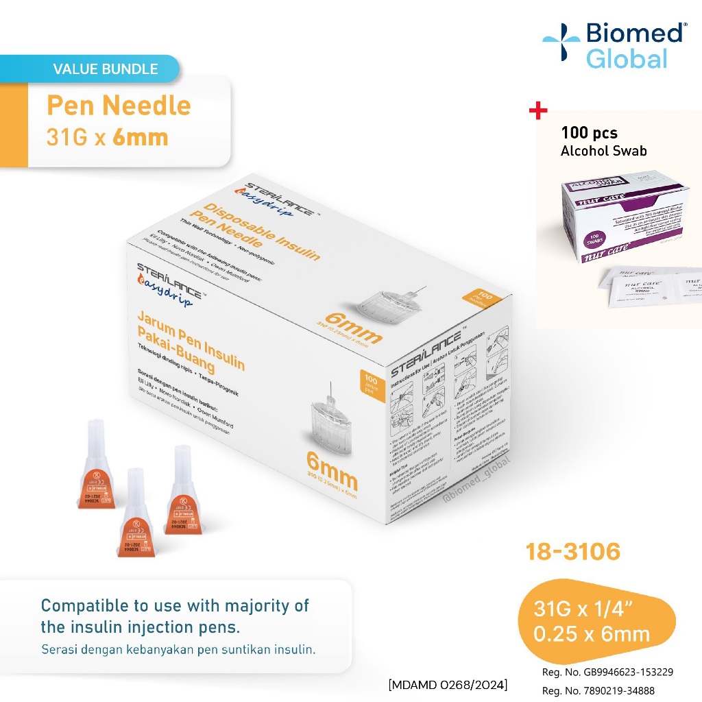 Insulin Pen Needle/Jarum Pen Insulin/胰岛素笔注射针, 31G x 6mm, 100 Pieces/Box ...