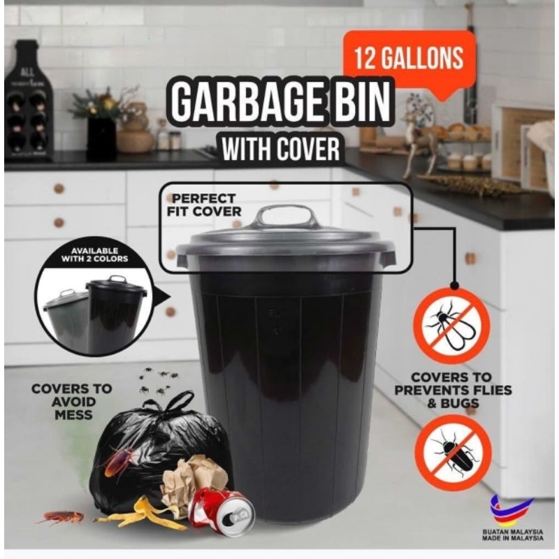 TONG SAMPAH PLASTIK HITAM/46Liter Black Pail With Cower/Tong Hitam ...