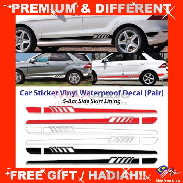 5-Bar Side Skirt Lining Sticker Racing Sport Style Stripe Car Door Body ...