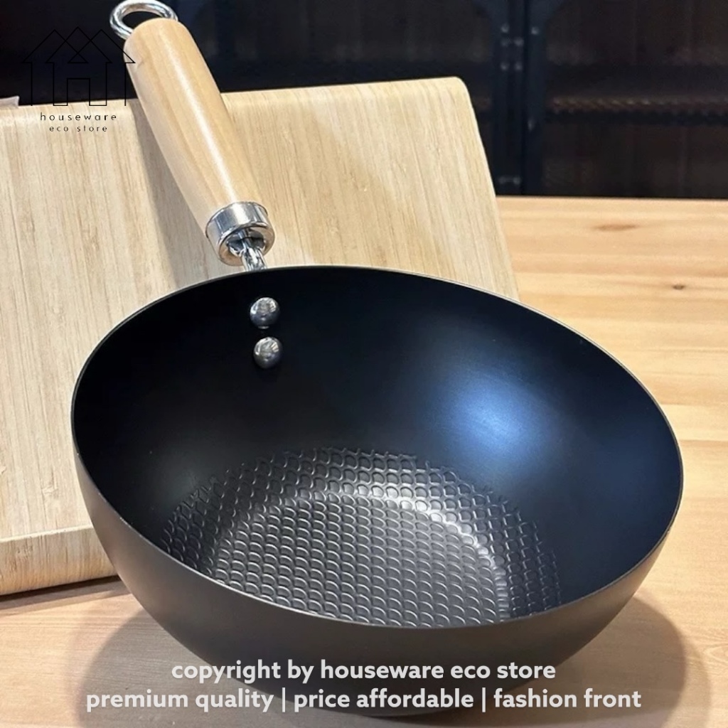 Japanese Non Stick Deep Wok Chinese Asian Cooking Wooden Handle Stir ...