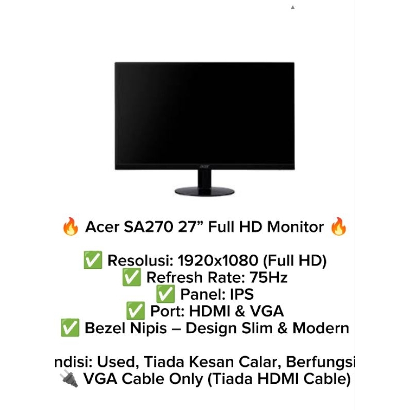 gaming Monitor Acer SA270 27” Full HD 75hz | Shopee Malaysia