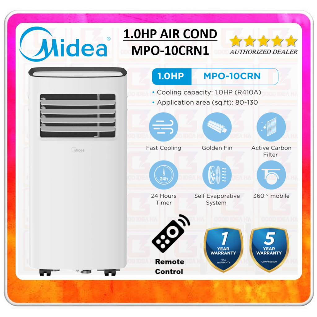 Midea 1.0hp Portable Air Conditioner MPO-10CRN1 with Golden Fin ...