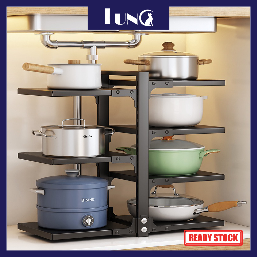High quality 2/3/4 Tiers Adjustable Pot and Pan Rack Organizer Rak ...
