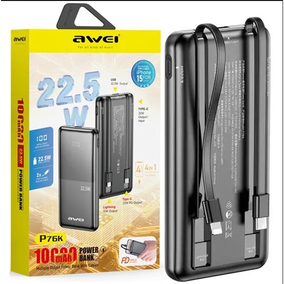 Awei P76K 10000mAh Powerbank 22.5W Built-In Cable PowerBank Fast Charge ...