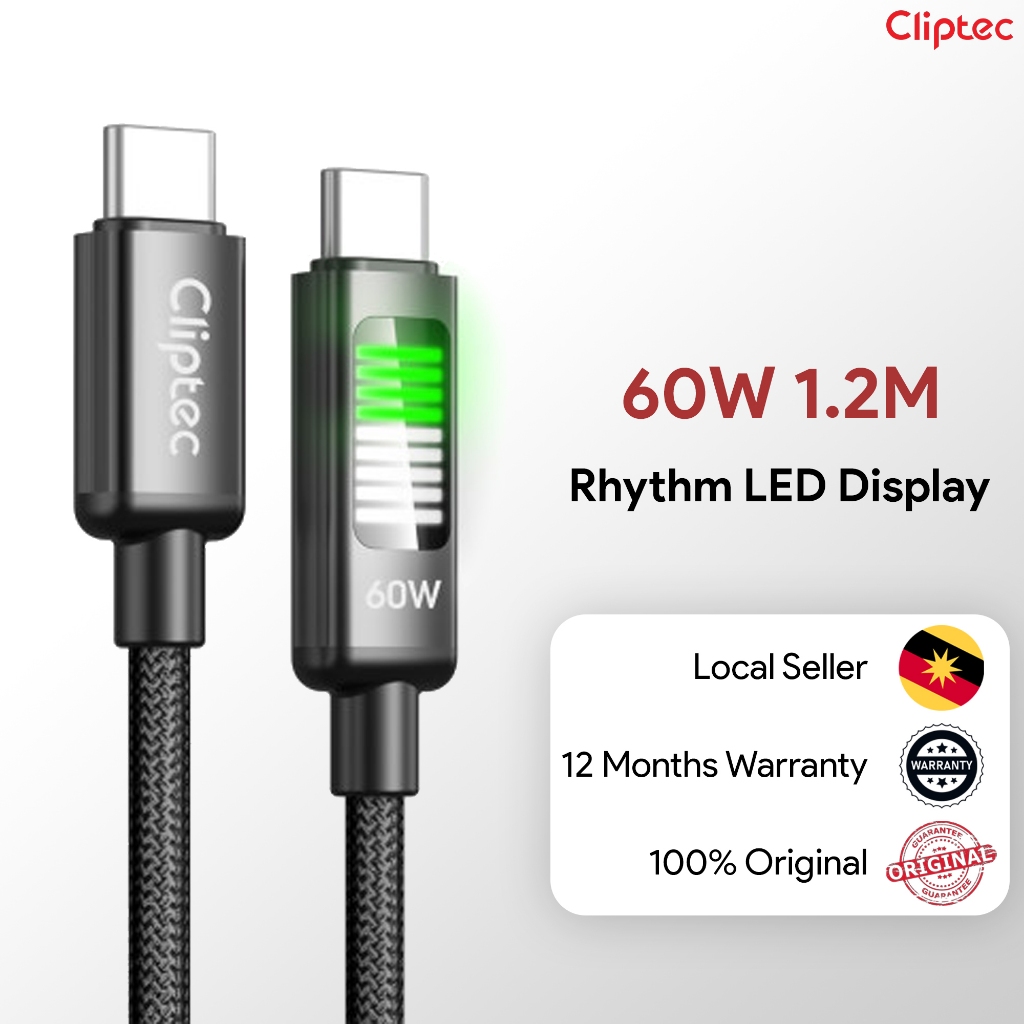 Cliptec Cable MCC227CC 60W 1.2M Type-C to Type-C Rhythm LED Light Fast ...