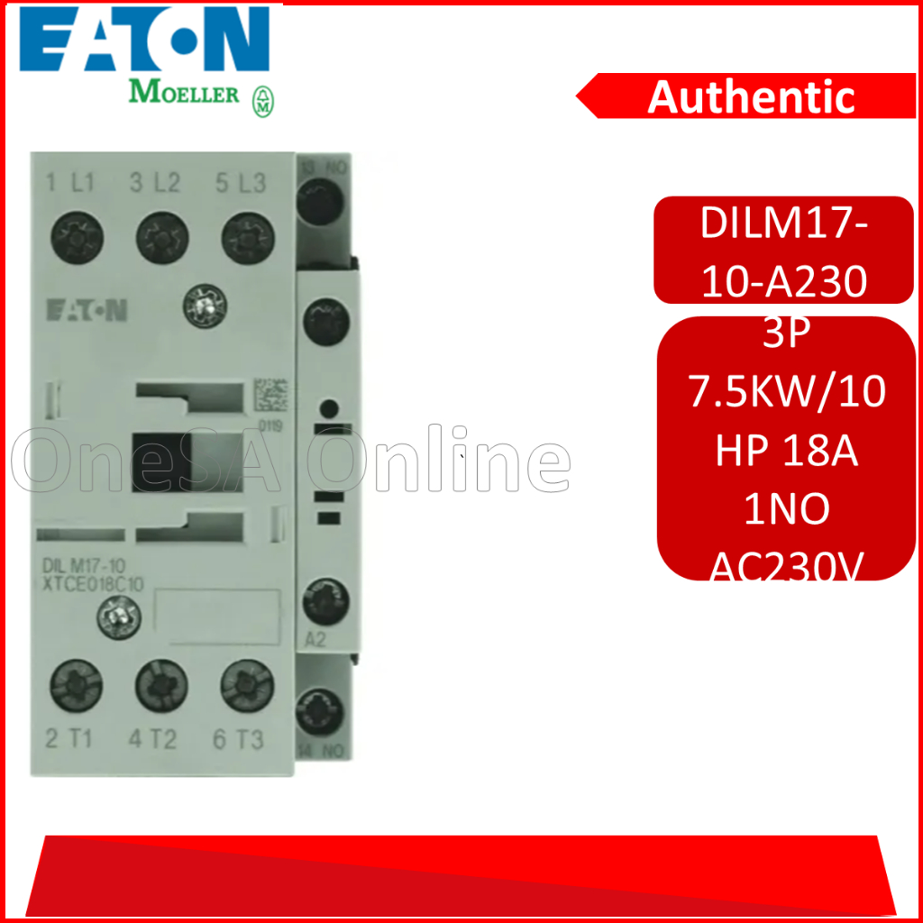 EATON MOELLER CONTACTOR 3P 7.5KW/10HP 18A 1NO AC230V(EATON-DILM17-10 ...