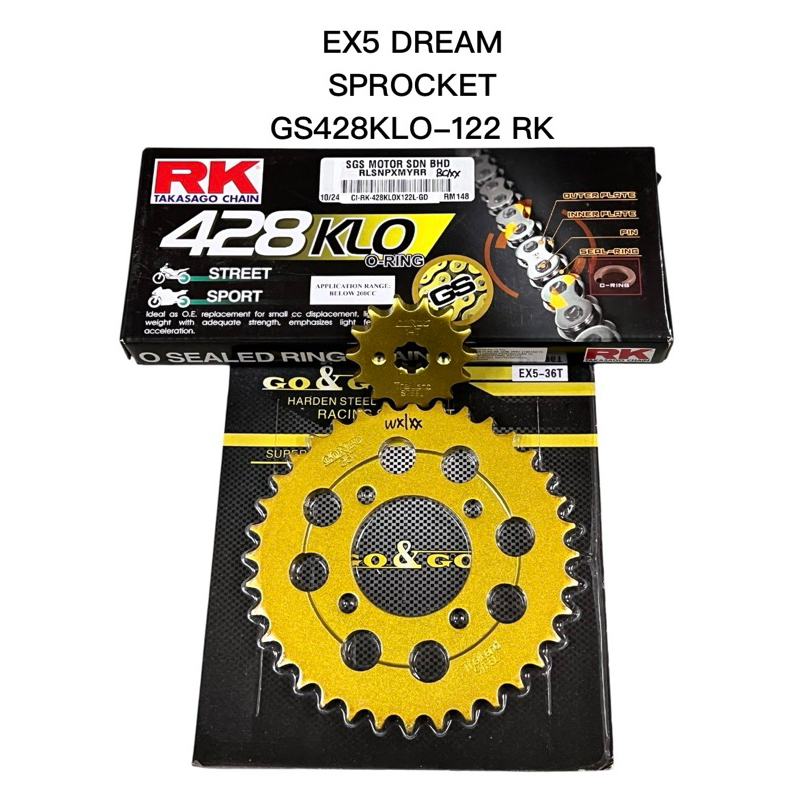 HONDA EX5 DREAM SPROCKET RK GS428KLO-122 ORING GOLD SET 14T 15T 32-36 MR3 MR2 EX5 DREAM WAVE100 ...