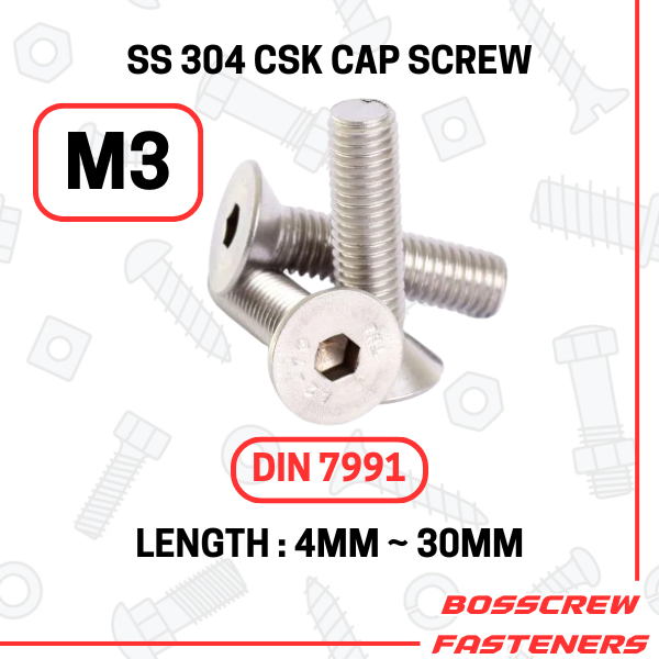 SS 304 CSK Cap Screw m3 x (4mm ~ 30mm) (Pitch 0.5mm) (Coarse Thread ...
