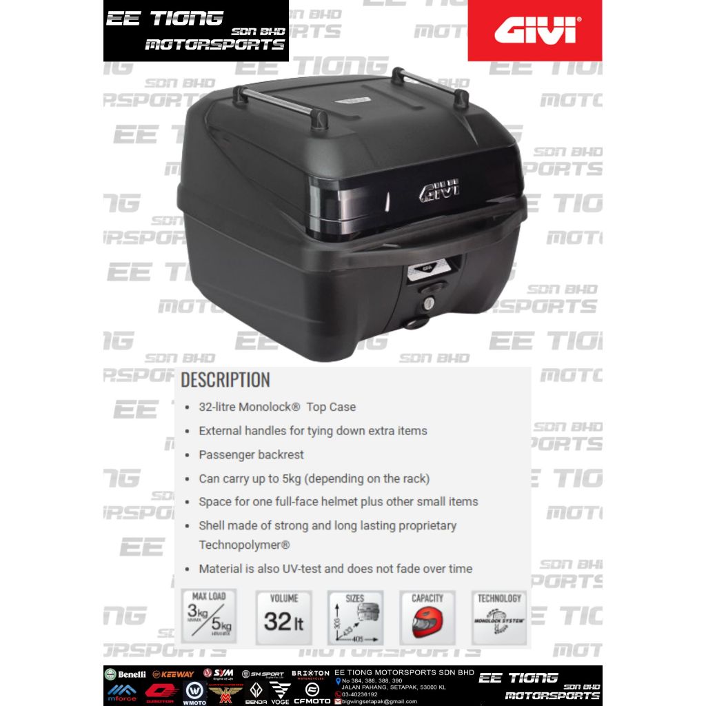 GIVI HARD BAG 32L ADV MONOLOCK PLASTIC TOP BOX (BLACK) *B32NB-ADV OFFER PROMOSI CLEAR STOCK ...