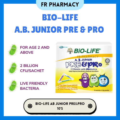 BIO-LIFE AB JUNIOR PRE&PRO 10'S PREBIOTIC WITH PROBIOTICS. EXPIRY DATE ...
