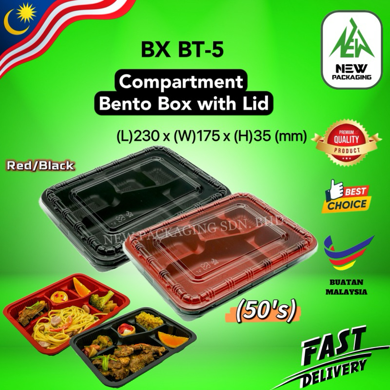 BENXON BT-5 Compartment Bento Box with Lid [50 Sets] (Red/Black) | PP ...