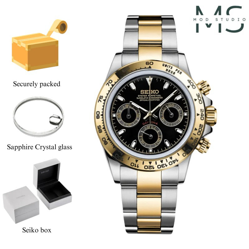 SEIKOLEX SEIKO MOD VK63 WHITE GOLD STAINLESS STEEL BLACK DIAL MODIFY WATCH MODIFIED WATCH MODDED ...