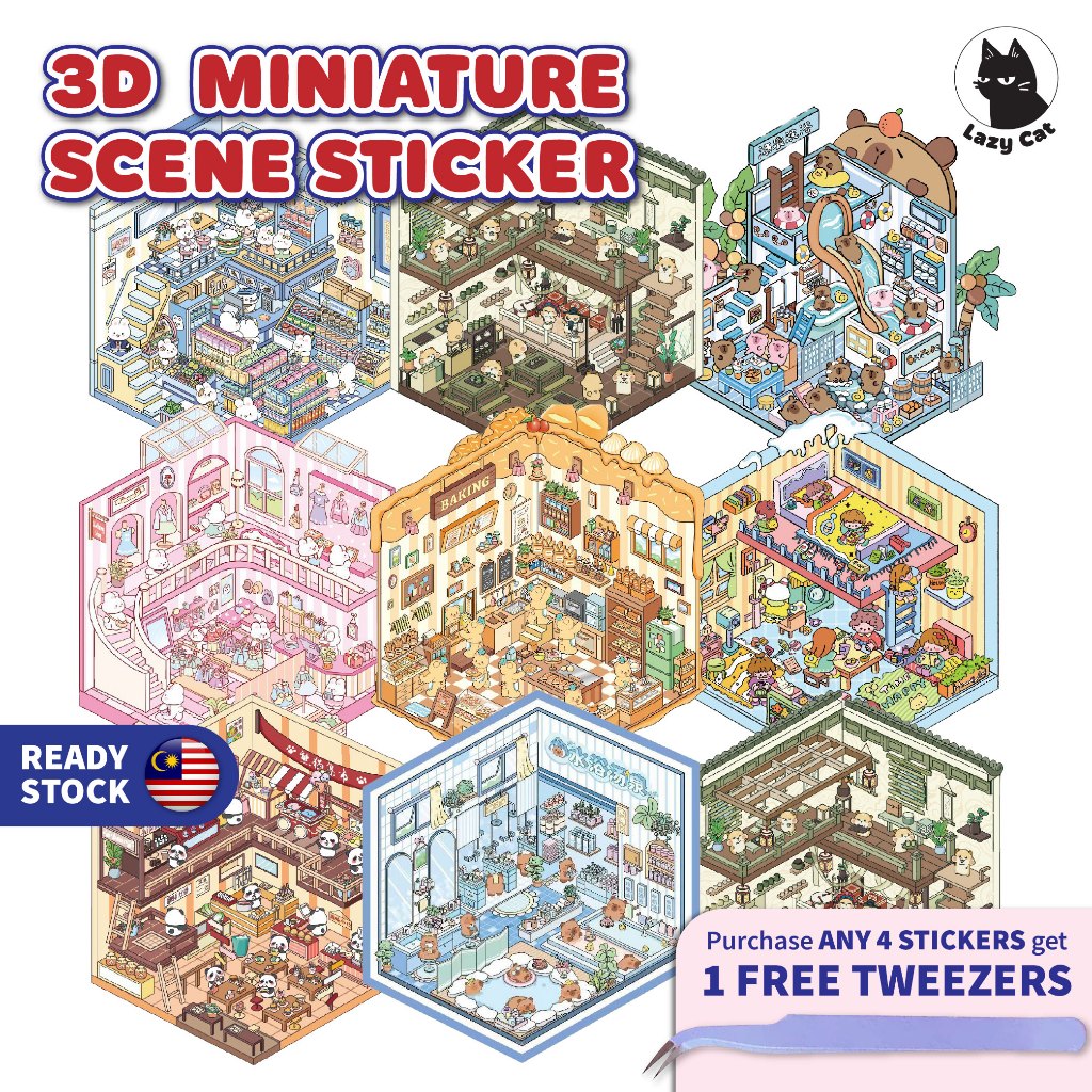 Lazy Cat 3D Miniature Scenes Sticker DIY Cute Cartoon Journal Korean ...